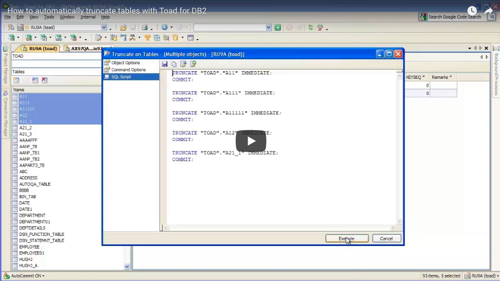 How to automatically truncate tables with Toad for DB2