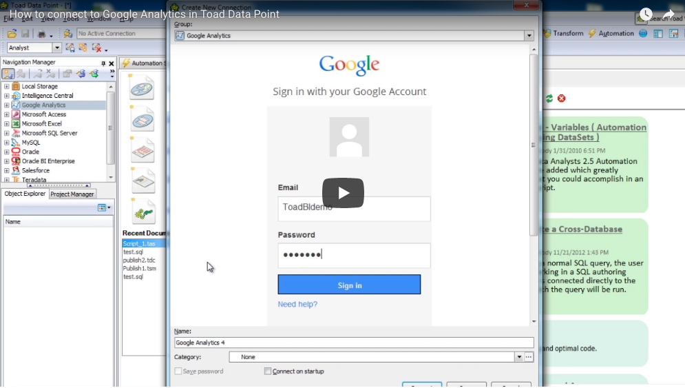 How to connect to Google Analytics in Toad Data Point