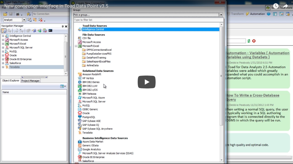 New connection interface in Toad Data Point v3.5