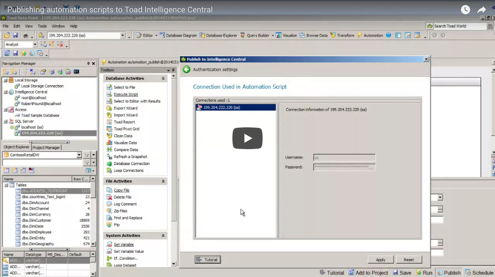 How to publish automation scripts from Toad Data Point to Toad Intelligence Central server