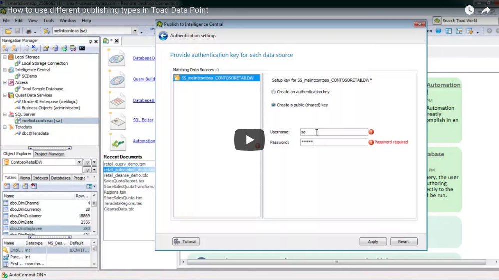 How to publish data from Toad Data Point to Toad Intelligence Central