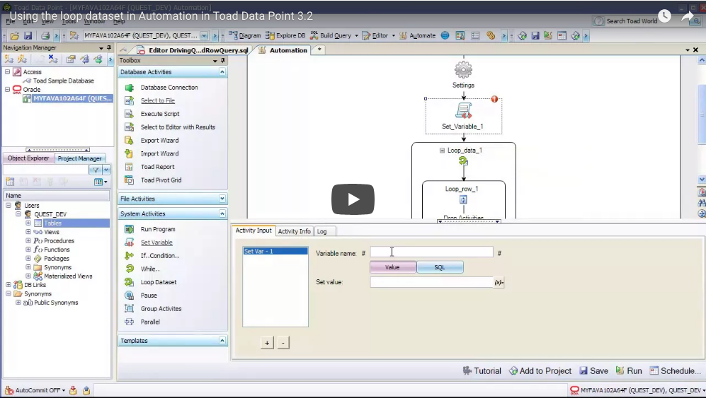 Using the loop dataset in Automation in Toad Data Point 3.2