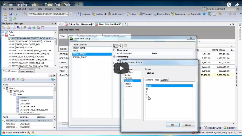 Automate pivot grids in Toad Data Point